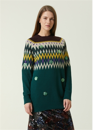 Beymen Club Kadın Yeşil Geometrik Desenli Taşlı Tunik Boy Kazak S