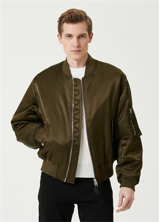 Alexander McQueen Erkek Haki Dik Yaka Patch Detaylı Bomber Mont 52 IT