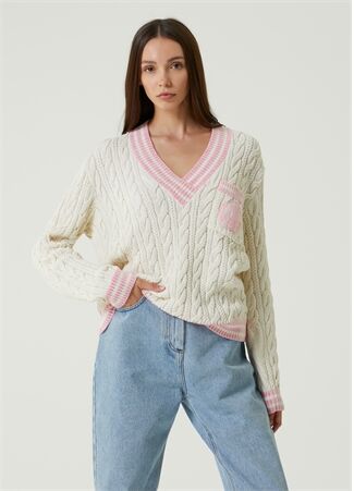 Balmain Kadın Pembe Beyaz V Yaka Yün Triko 38 FR