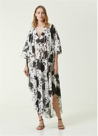 On The Island Kadın Kahve Beyaz Desenli Kaftan Siyah S EU