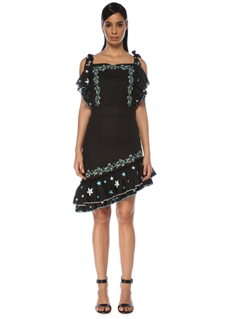 Gül Hürgel Kadın Siyah Nakışlı Asimetrik Fırfırlı Mini Keten Elbise S EU