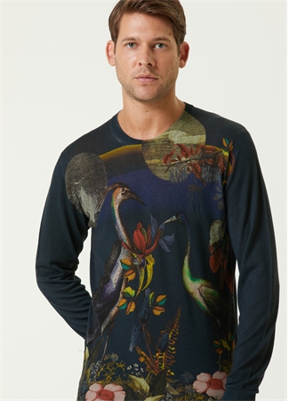 Etro Erkek Mavi Kuş Desenli İpek Kazak L EU