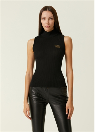 Versace Kadın Siyah Dik Yaka Logolu Kolsuz Yün Triko 42 IT