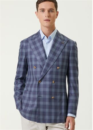 Pal Zileri Erkek Mavi Kelebek Yaka Kareli Yün Ceket 48 IT