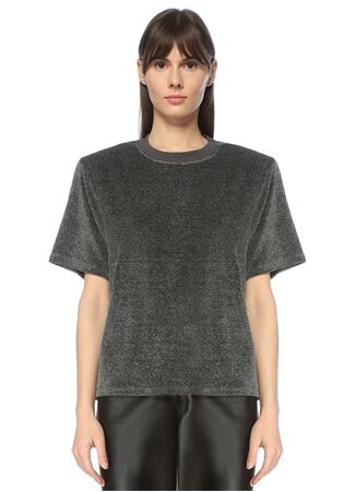 IRO Kadın Gri Parlak Dokulu Omuzları Vatkalı T-shirt M FR