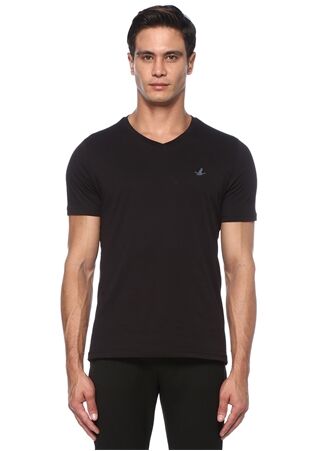 Beymen Club Erkek Siyah V Yaka Logo Nakışlı Basic T-shirt S EU