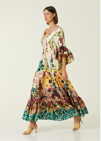 La Doublej Kadın Bella V Yaka Çiçekli Maksi İpek Elbise M EU