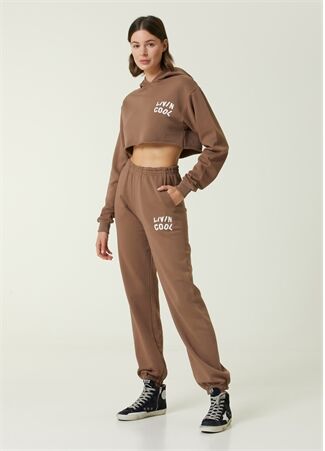 Livincool Kadın Kahverengi Logo Baskılı Eşofman Altı XS EU