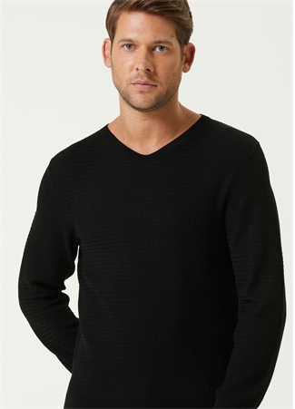 Salvatore Ferragamo Erkek Siyah V Yaka Dokulu Kaşmir Kazak L EU