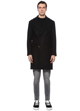 Academia Erkek Siyah Kelebek Yaka Kruvaze Yün Palto 44 IT