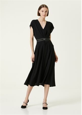 Prada Kadın Siyah V Yaka Logo Bantlı Midi Elbise 42 IT
