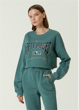 Fifty Pieces Kadın Yeşil Logo Baskılı Crop Oversize Sweatshirt S EU
