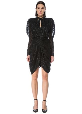 Isabel Marant Kadın Siyah Yakası Bağcıklı Sim Dokulu Mini Elbise 34 FR