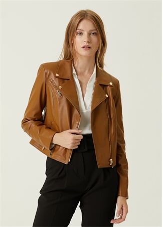 Network Kadın Slim Fit Kahverengi Deri Biker Mont M EU