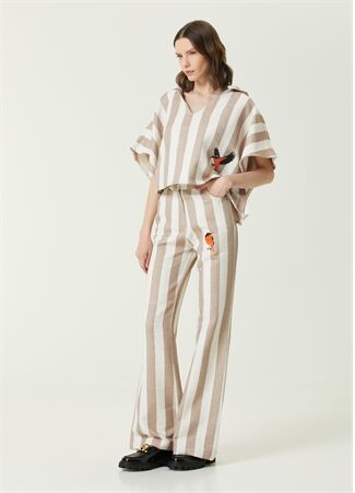 Les Benjamins Kadın Gri Çizgili Nakış Detaylı Pantolon L Eu