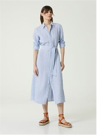 Polo Ralph Lauren Kadın Mavi Çizgili Kuşaklı Midi Keten Gömlek Elbise 0 US Polo Ralph Lauren Kadın Mavi Çizgili Kuşaklı Midi Keten Gömlek Elbise 0 US