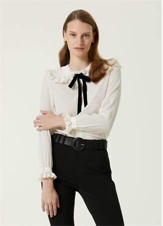 Kadın Beyaz Fırfırlı Bağcıklı İpek Bluz 36 IT