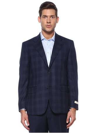 Beymen Collection Erkek Drop 4 Lacivert Kelebek Yaka Ekoseli Yün Ceket 50 IT