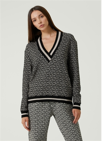 Balmain Kadın Siyah Beyaz V Yaka Logo Desenli Triko 36 FR Balmain Kadın Siyah Beyaz V Yaka Logo Desenli Triko 36 FR