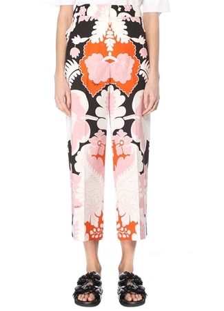 Valentino Kadın Turuncu Pembe Yüksek Bel Çiçekli Crop Pantolon Siyah 38 IT