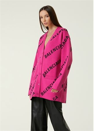 Balenciaga Kadın Şeftali V Yaka Logo Jakarlı Hırka Pembe XS EU