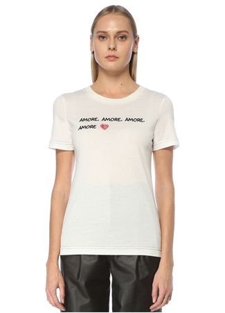 Dolce&Gabbana Kadın Amore Beyaz Bisiklet Yaka Nakışlı T-shirt Bej 38 IT