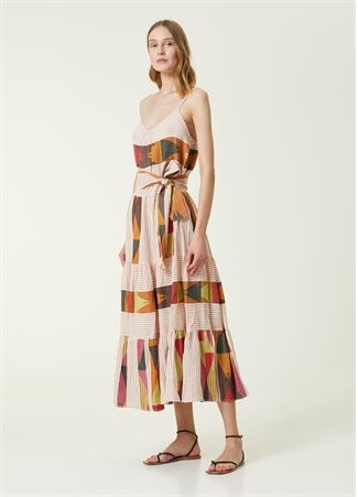 Devotion Kadın Kırmızı V Yaka Çizgili Beli Kuşaklı Midi Elbise EU