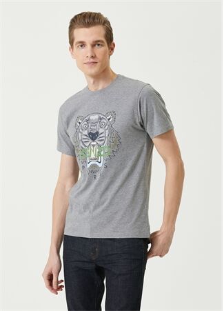 Kenzo Erkek Gri Kaplan Baskılı Logolu T-shirt XS EU