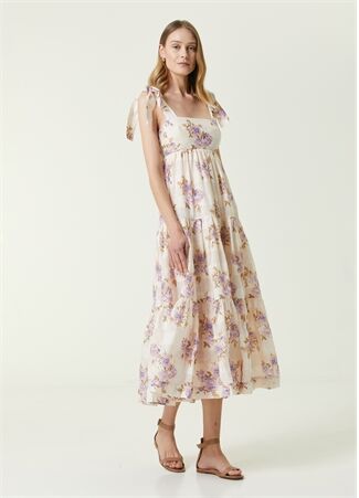 Zimmermann Kadın Lila Kare Yaka Çiçekli Midi Elbise Mor 0 US