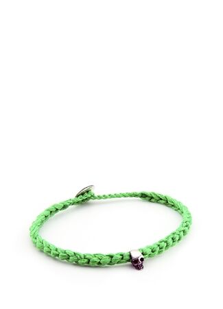 Kayra Khan Erkek Yeşil Kuru Kafalı Örgülü Gümüş Rengi Bileklik EU