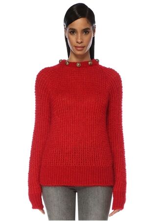 Balmain Kadın Kırmızı Yakası Düğme Detaylı Kazak 38 FR