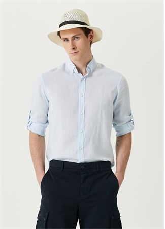 Fiji Erkek Slim Fit Mavi Keten Gömlek S Eu