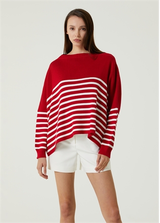Valentino Kadın Kırmızı Ekru Kayık Yaka Çizgili Triko S EU Valentino Kadın Kırmızı Ekru Kayık Yaka Çizgili Triko S EU