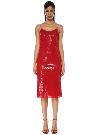 Academia Kadın Kırmızı İnce Askılı İşlemeli Midi Kokteyl Elbise 34