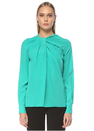 Victoria Beckham Kadın Yeşil Yakası Drapeli İpek Bluz 8 US