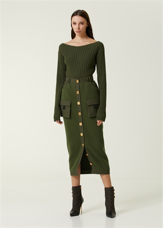 Balmain Kadın Haki Düğmeli Midi Triko Etek 38 FR Balmain Kadın Haki Düğmeli Midi Triko Etek 38 FR