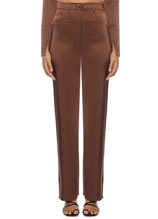 Nanushka Kadın Drew Kahverengi Yüksek Bel Saten Pantolon XS EU