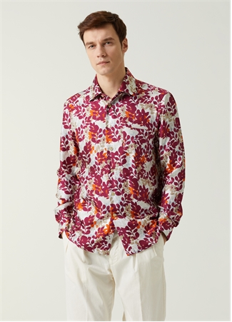 Kiton Erkek Turuncu Modern Yaka Çiçek Desenli İpek Gömlek Beyaz 40 IT Kiton Erkek Turuncu Modern Yaka Çiçek Desenli İpek Gömlek Beyaz 40 IT