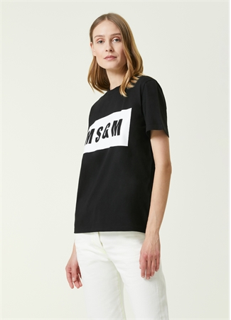 Msgm Kadın Siyah Bisiklet Yaka Logolu T-shirt S EU