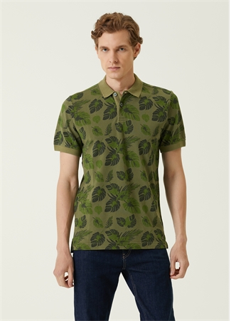 Hemington Erkek Haki Polo Yaka Yaprak Desenli T-shirt L Eu