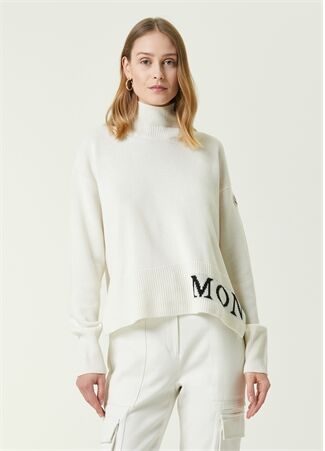 Moncler Kadın Beyaz Dik Yaka Logo Jakarlı Yün Kazak M EU