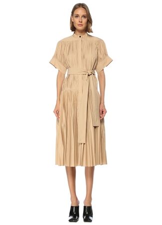 Proenza Schouler Kadın Bej Hakim Yaka Pilili Kuşaklı Midi Elbise 6 US