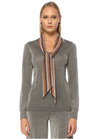 Missoni Kadın Çizgili Fularlı Simli Uzun Kol Triko Yeşil 40 IT