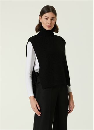 Dries Van Noten Kadın Siyah Balıkçı Yaka Yırtmaçlı Kolsuz Kazak EU