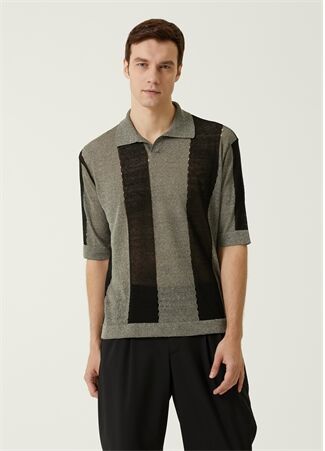 Emporio Armani Erkek Siyah Polo Yaka Çizgili Keten Triko XL EU