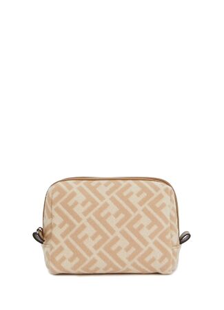 Fendi Kadın Bej Logo Jakarlı Yün Makyaj Çantası EU