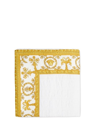 Versace Beyaz Logo Dokulu Barok Desenli Havlu