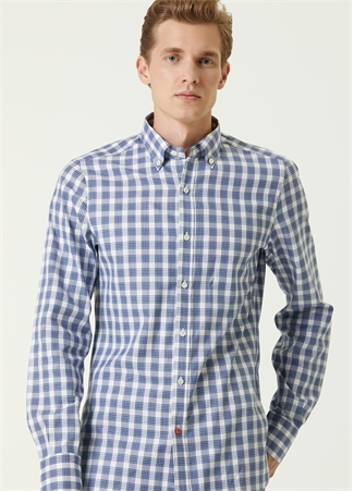 Isaia Erkek Mavi Polo Yaka Ekoseli Gömlek 43 IT Isaia Erkek Mavi Polo Yaka Ekoseli Gömlek 43 IT