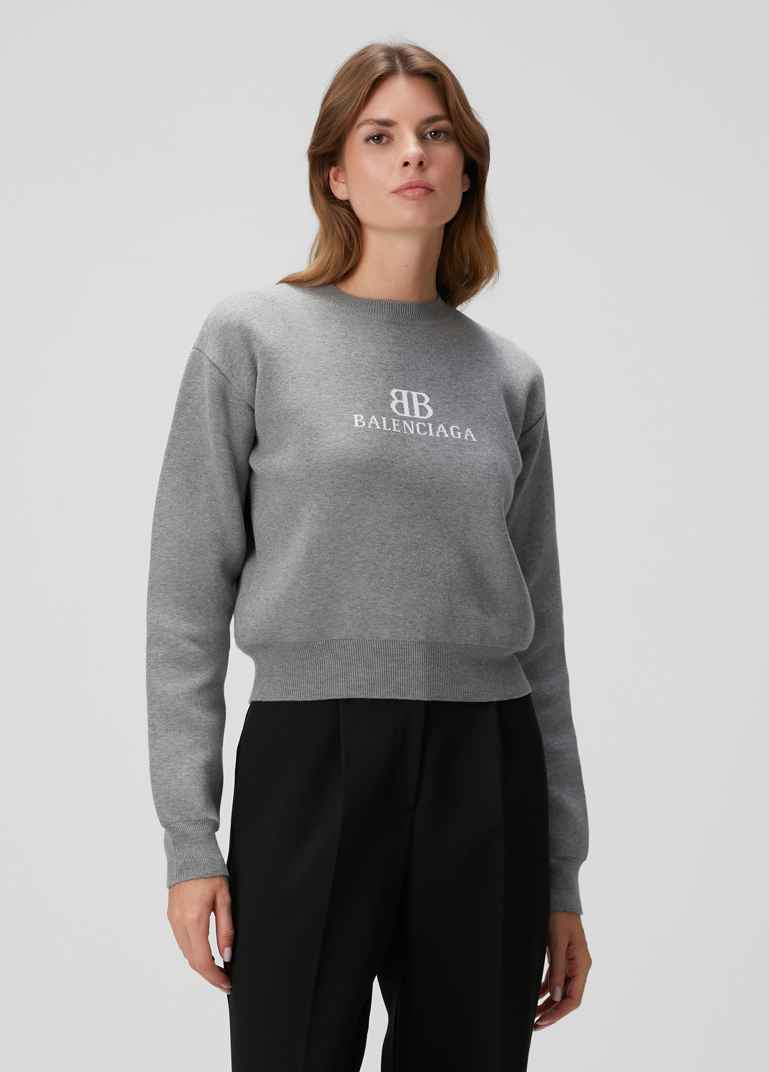 Balenciaga Koyu Gri Kadın Koyu Gri Logo Jakarlı Crop Triko 1780370 | Beymen