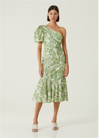 Johanna Ortiz Kadın Yeşil Çiçekli Tek Kol Midi Kokteyl Elbise 2 US